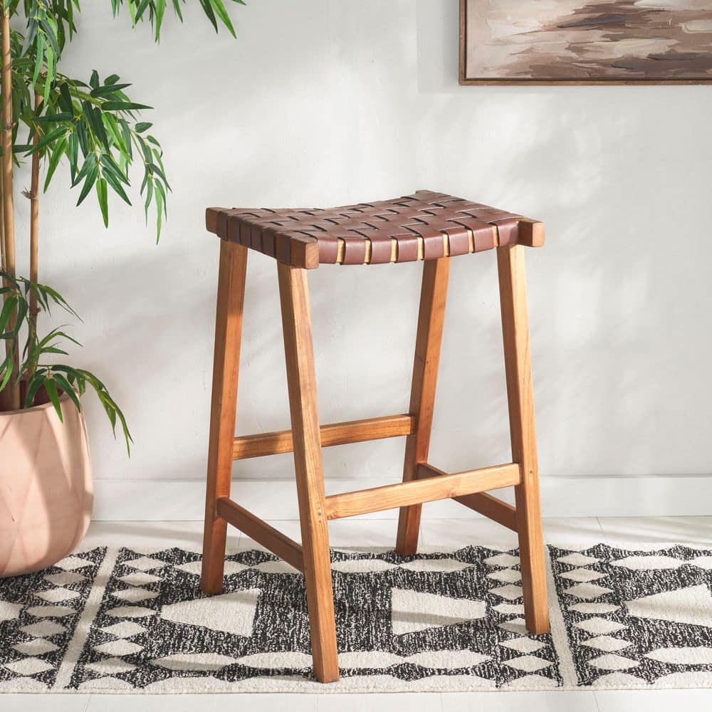 SAFAVIEH Abreu 30 in. H Cognac/Natural Wood Bar Stool with Leather Seat ...
