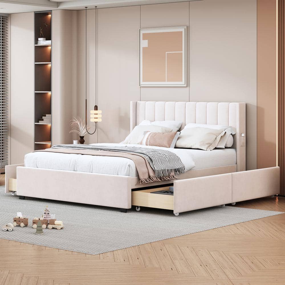 Harper And Bright Designs Beige Wood Frame Queen Size Velvet Upholstered