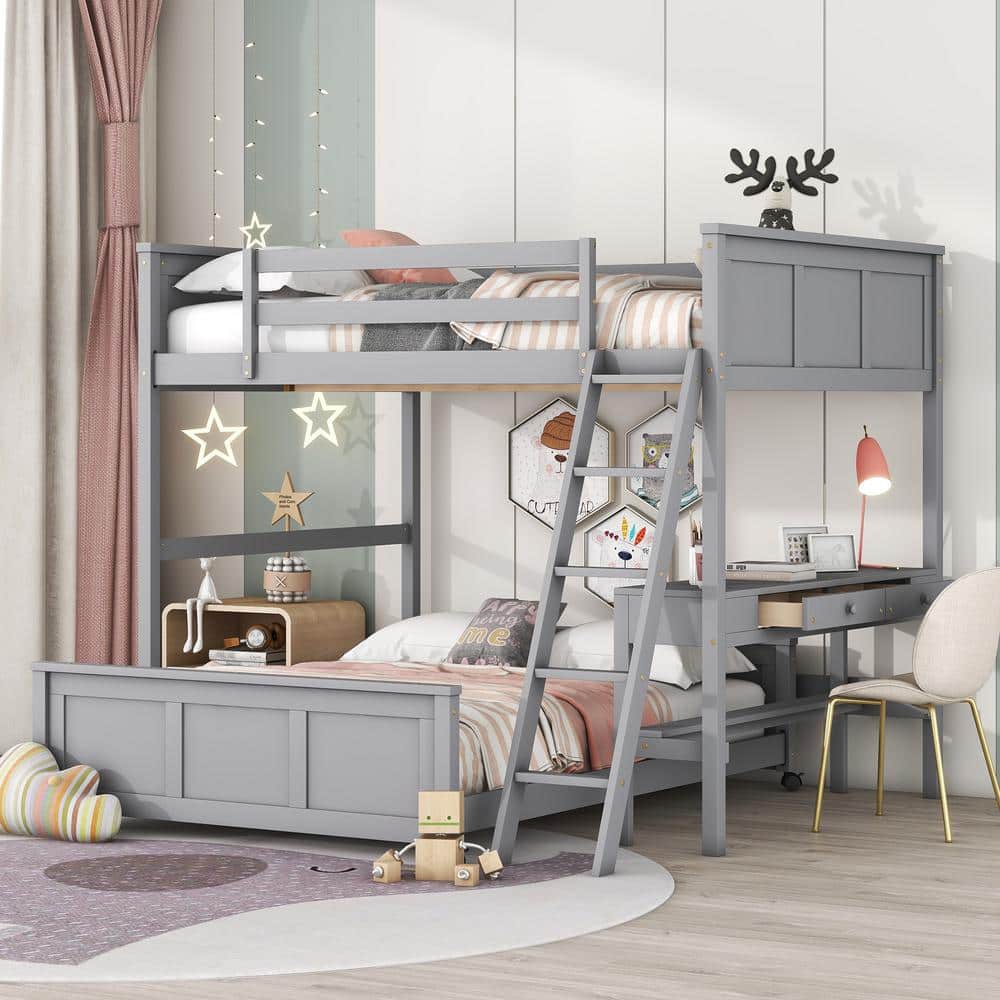 Harper & Bright Designs Gray Wood Frame Full over Full Bunk Bed with ...