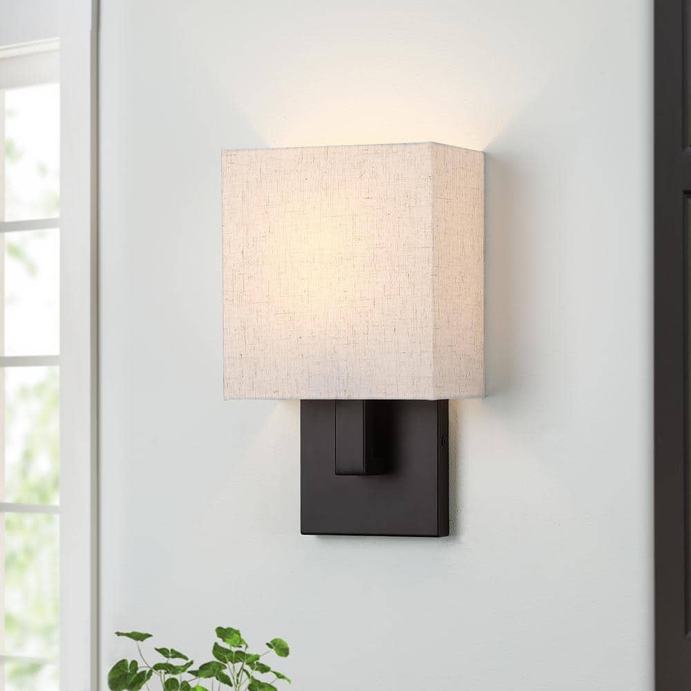 TRUE FINE Celina 7 in. 1-Light Bronze Wall Sconce Light With Oatmeal ...