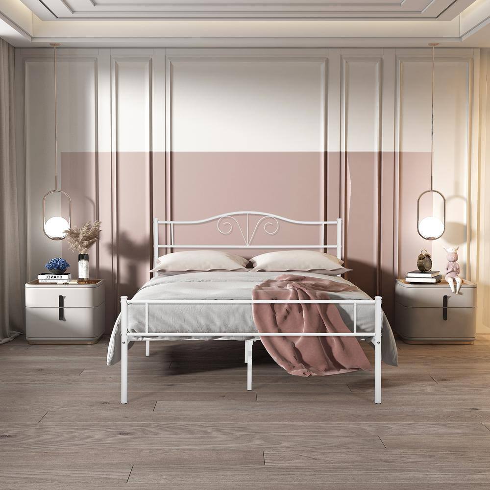 Full-size Double White Metal Bed Frame with Large Storage Space Under ...