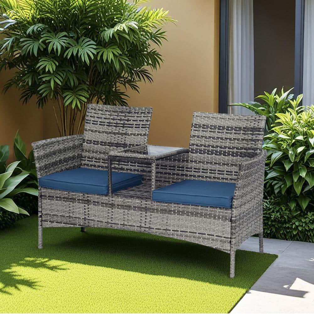 Yangming 2-Seat Gray Wicker Outdoor Loveseat Patio Conversation Set ...