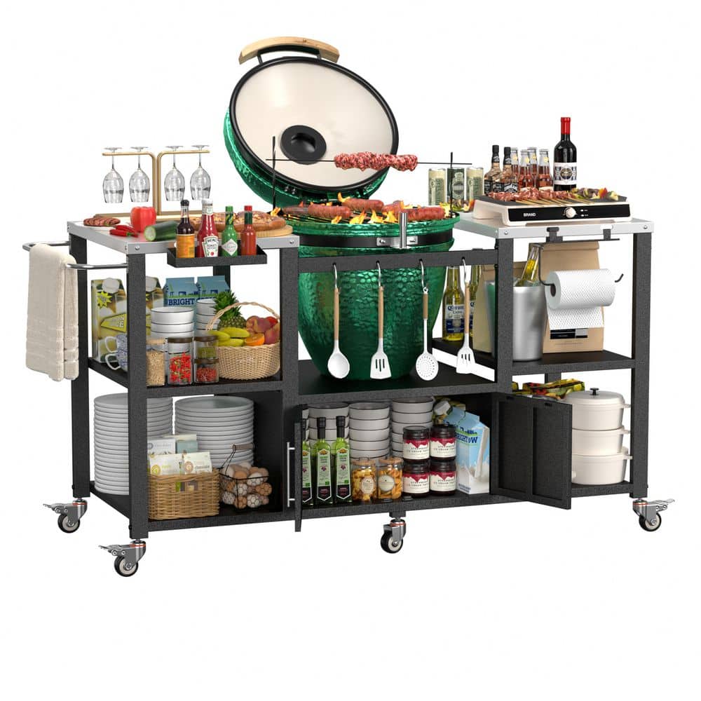 VEIKOUS 65 in. W Outdoor Stainless Steel Grill Cart Table Stand for Big ...