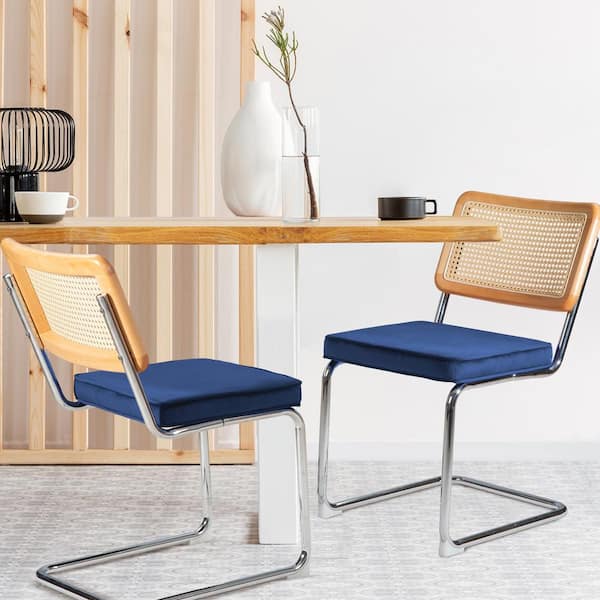 Unbranded Modern Outdoor Dining Chairs with Metal Chrome Legs Armless Cane Back Chairs with Dark Blue Upholstered Cushion Set of 2 LV 394
