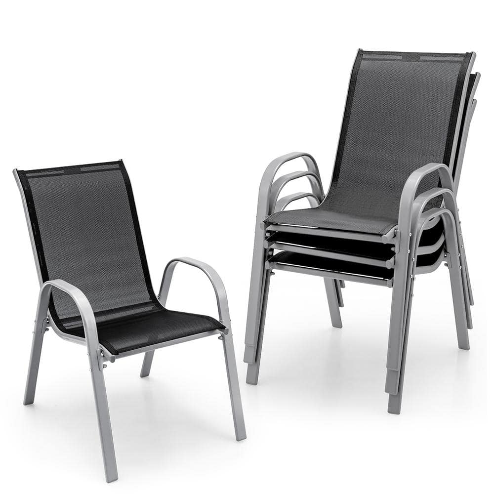 Costway Patio Dining Chairs Stackable Armrest Space Saving Garden Black (Set of 4) A1Q2-10N4 ...