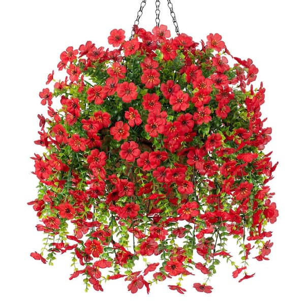 26 in. Red Indoor/Outdoor Hanging Artificial Daisy Flowers in Brown ...