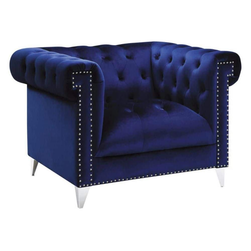Benjara Gavin Blue and Silver Fabric Accent Chair with Button Tufted ...