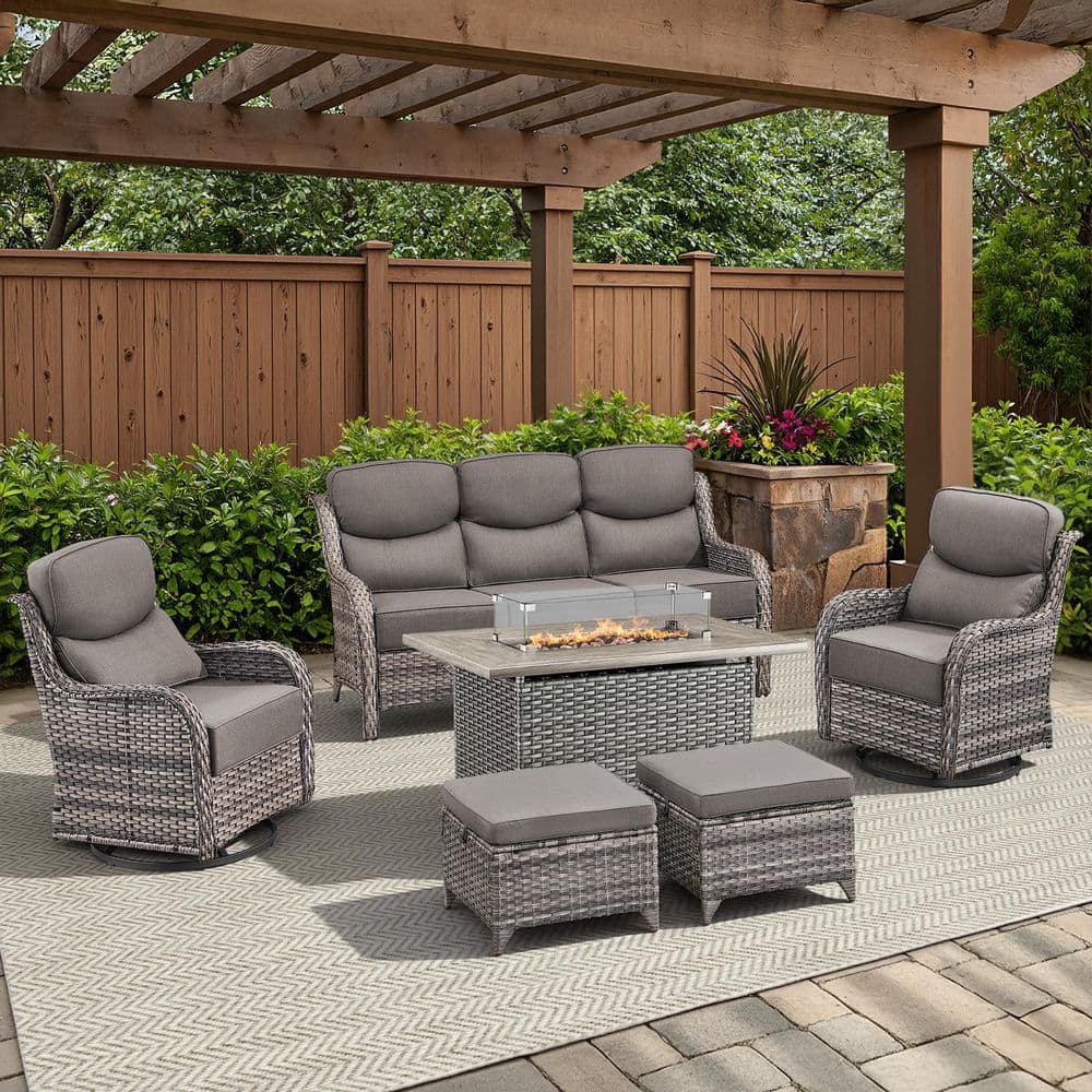 Opohoro Arcadia Gray 6-Piece Wicker Outdoor Patio Fire Pit Deep Seating ...