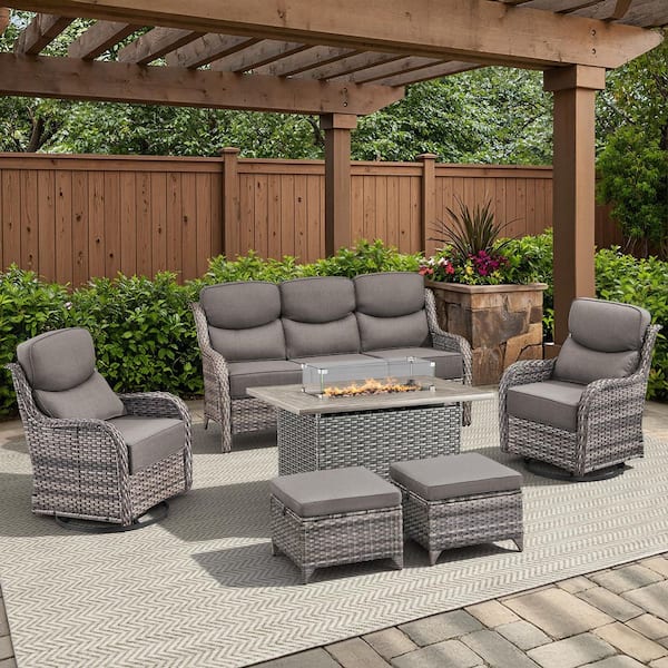 Opohoro Arcadia Gray 6-Piece Wicker Outdoor Patio Fire Pit Deep Seating ...