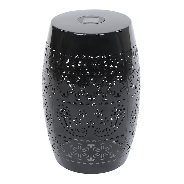 Black, Round Metal Outdoor Solar Side Table with Built-in Solar Battery for Patio Garden ...