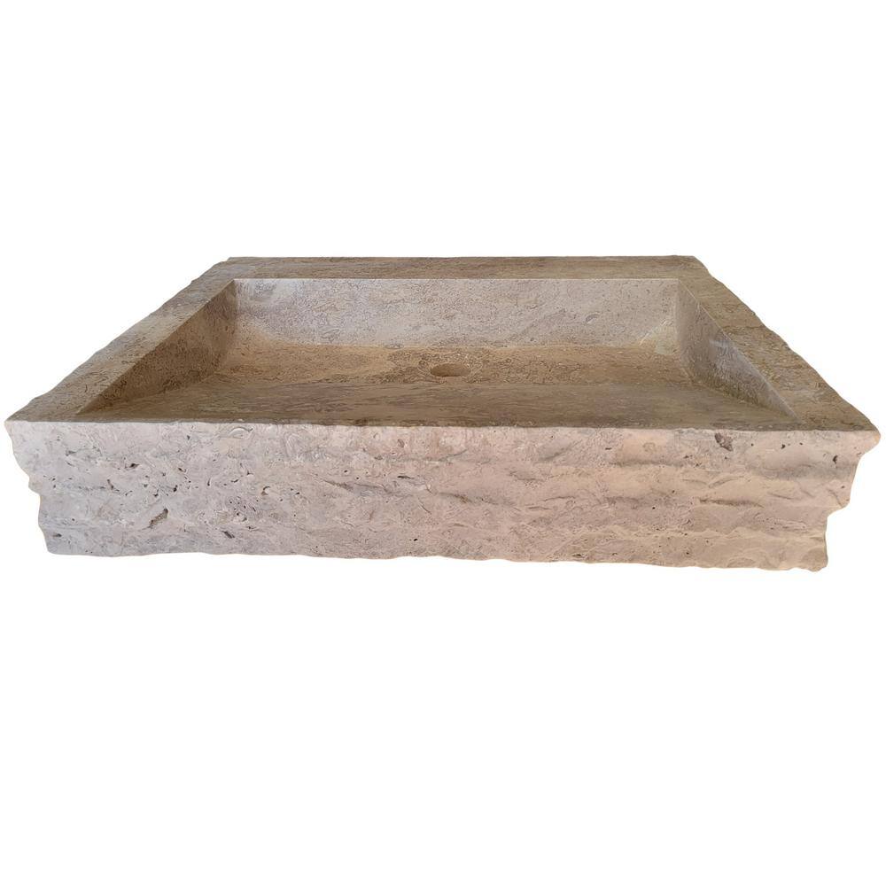 TashMart Chiseled Rectangular Natural Stone Vessel Sink in Almond Brown ...