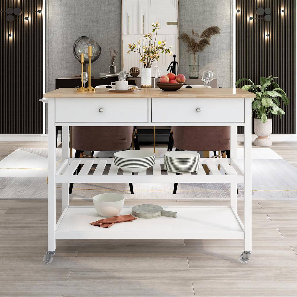 Movisa White Kitchen Island Cart with Solid Wood Top and Locking Wheels ...