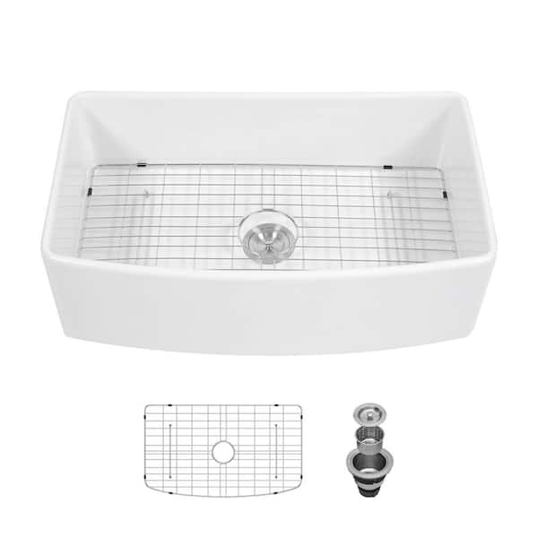 Whatseaso White Ceramic 33.00 in. Single Bowl Farmhouse Apron ...