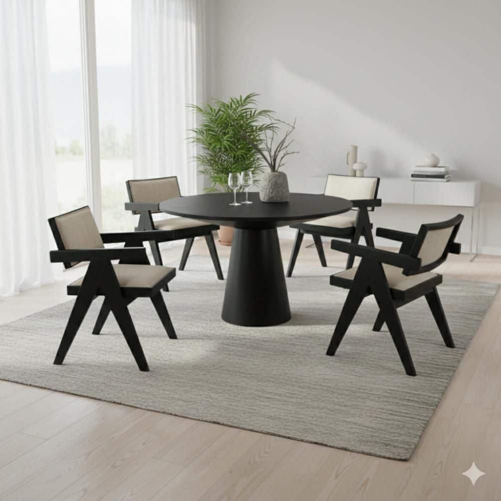 Benjara Bili 5-Piece Round Black and Beige Wood Top Pedestal Dining ...