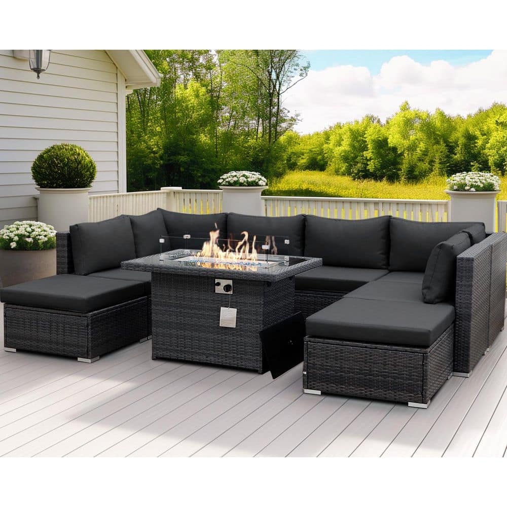 FINCATI Large 9 -Piece Gray Wicker Patio Fire Pit Sectional Deep ...