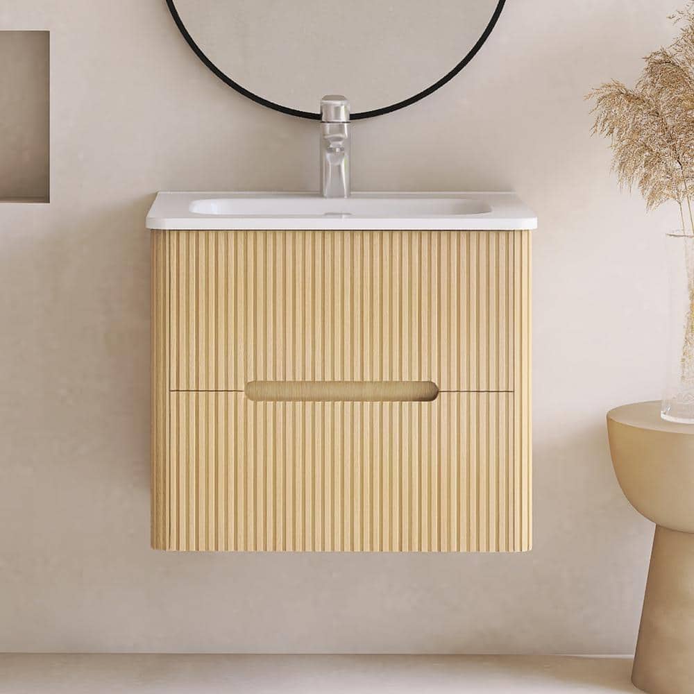 JimsMaison 24 in. Single Sink Wall-Mounted Natural Oak Bathroom Vanity ...