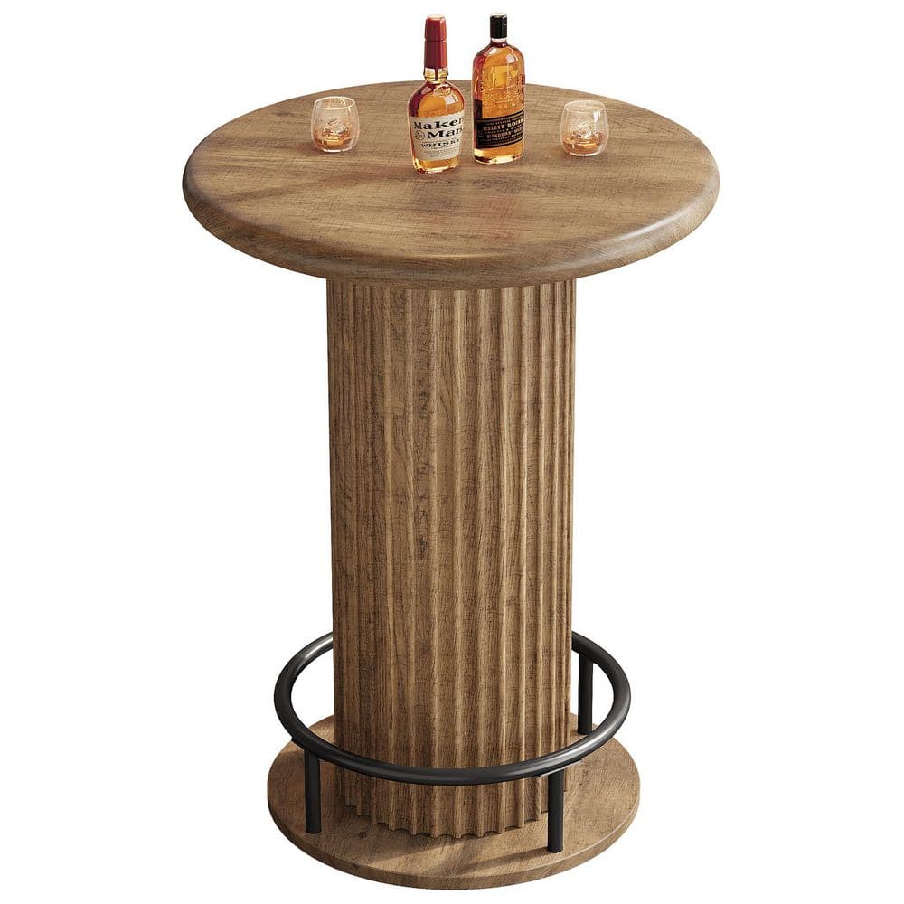 BYBLIGHT Kearsten 35.4 in. H Brown Round Bar Table Fluted Wooden Bistro ...