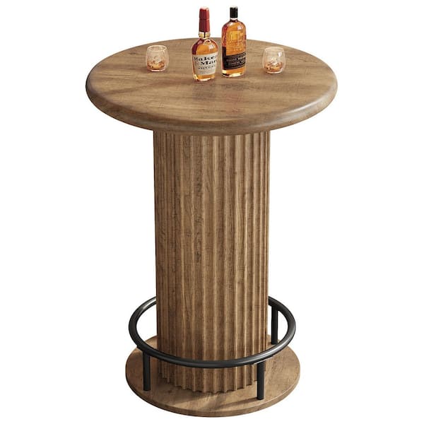 BYBLIGHT Kearsten 35.4 in. H Brown Round Bar Table Fluted Wooden Bistro ...