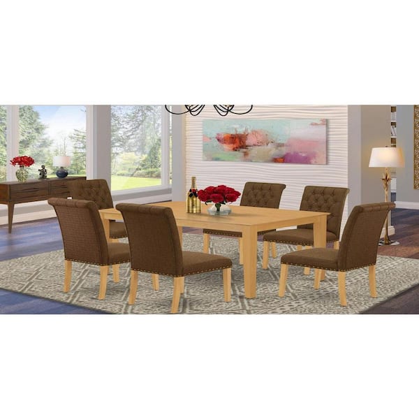 East West Furniture 7-Piece Rectangle Natural Oak Finish Solid Wood Top Dining Table with 6 ...