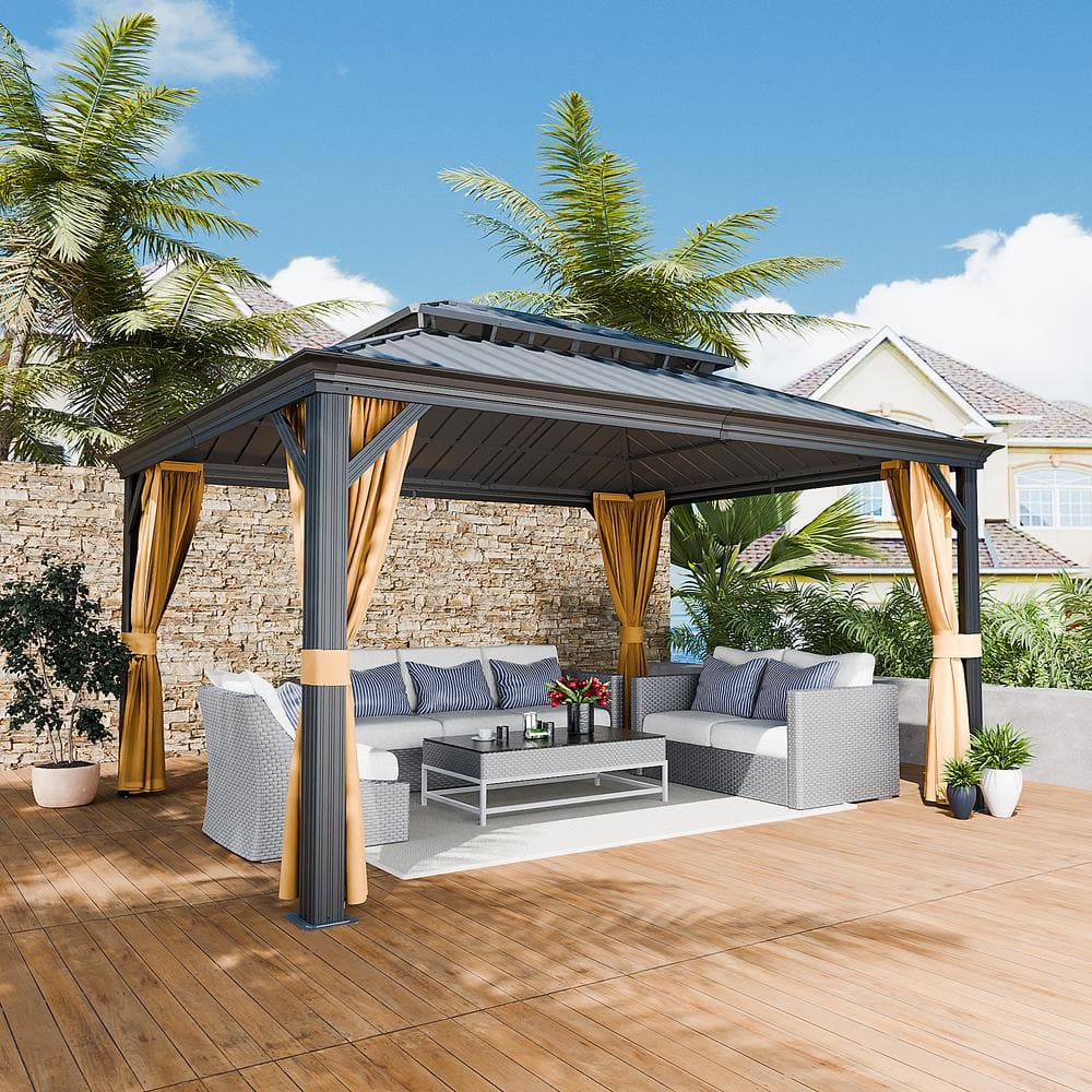 INMITOM 10 ft. x 14 ft. Metal Gazebo With Dual Roof, Mosquito Netting ...