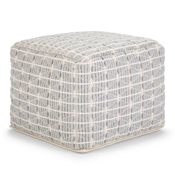 Simpli Home Noreen Boho Square Pouf in Light Blue, White Handloom Woven Pattern AXCPF-67 - The ...