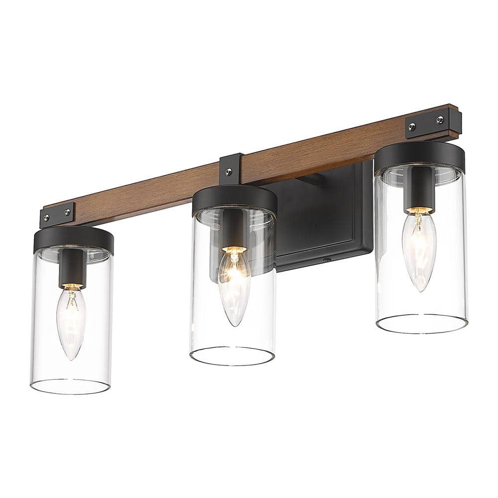 pasentel 20.16 in. 3-Light Matte Black and Dark Wood Grain Bathroom ...