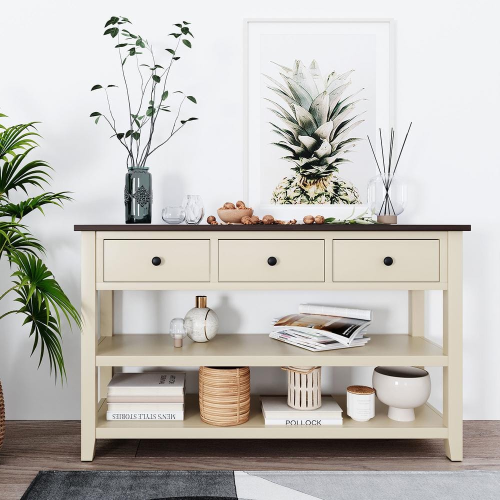 Polibi 50 in. Beige Rectangle Wood Console Table with Two Open Shelves ...