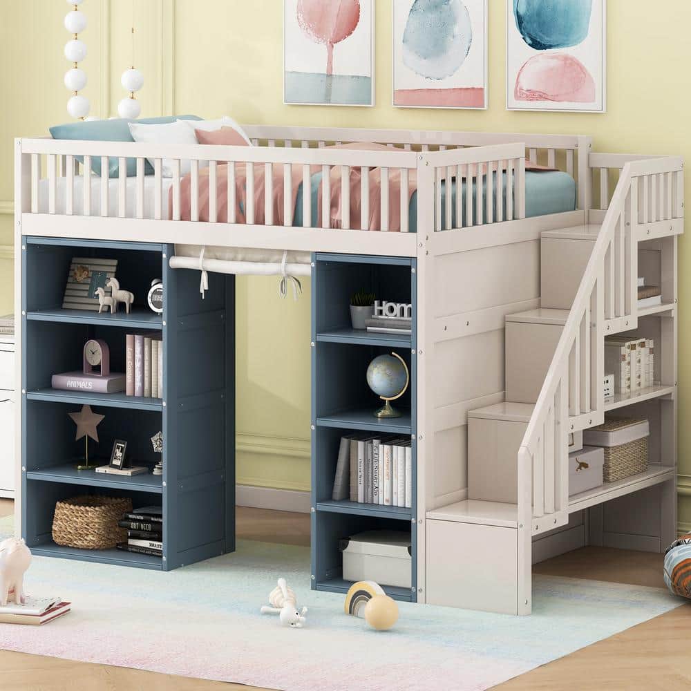 Reviews for Harper & Bright Designs White and Blue Wood Loft Bed with 2 ...