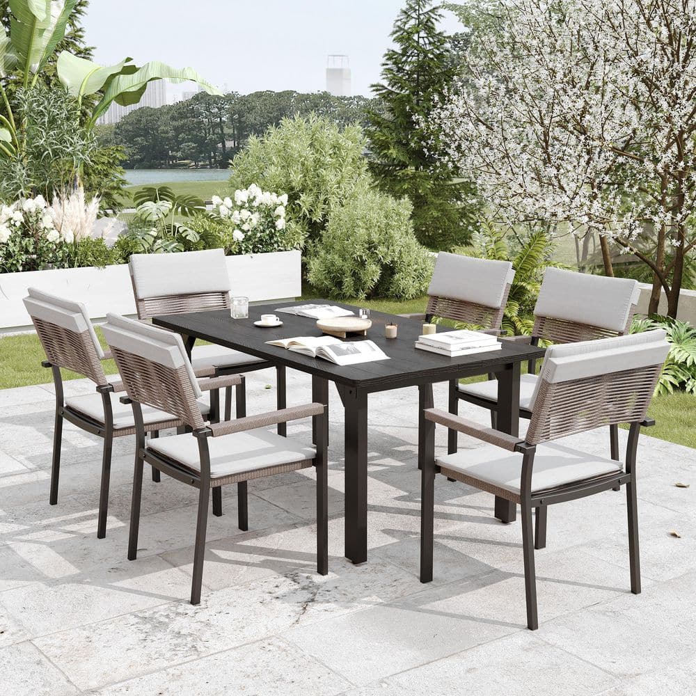 AURA OUTDOOR Gray 7-Piece Metal Outdoor Dining Set with Rectangle Table and Stackable Rattan ...