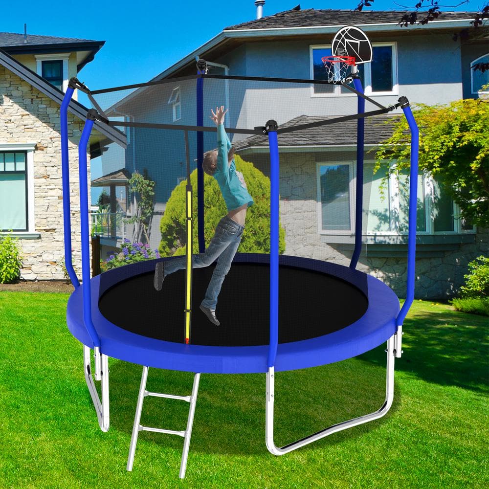 SUNRINX 10 ft. Blue Round Outdoor Trampoline with Safety Enclosure and Basketball Hoop MG52-3-TP ...