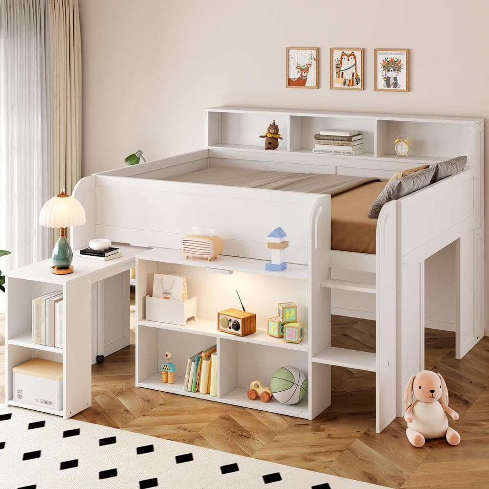 Harper & Bright Designs White Full Size Wood Loft Bed with Built-in ...