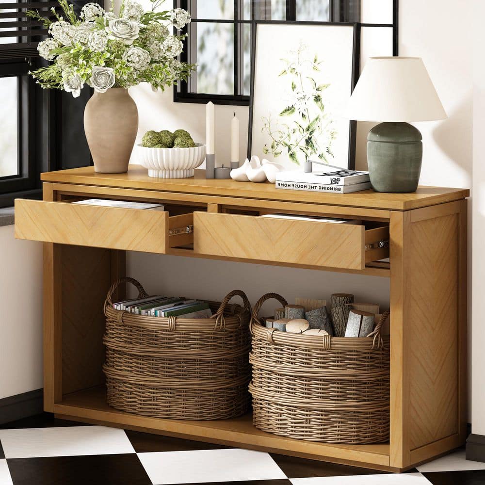 Nestfair 55 in. L Natural Rectangle MDF Console Table with Storage ...