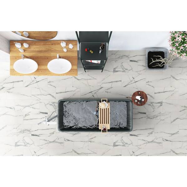 Buy Carrara Azul 16 in. x 32 in. Polished Porcelain Stone Look Floor ...