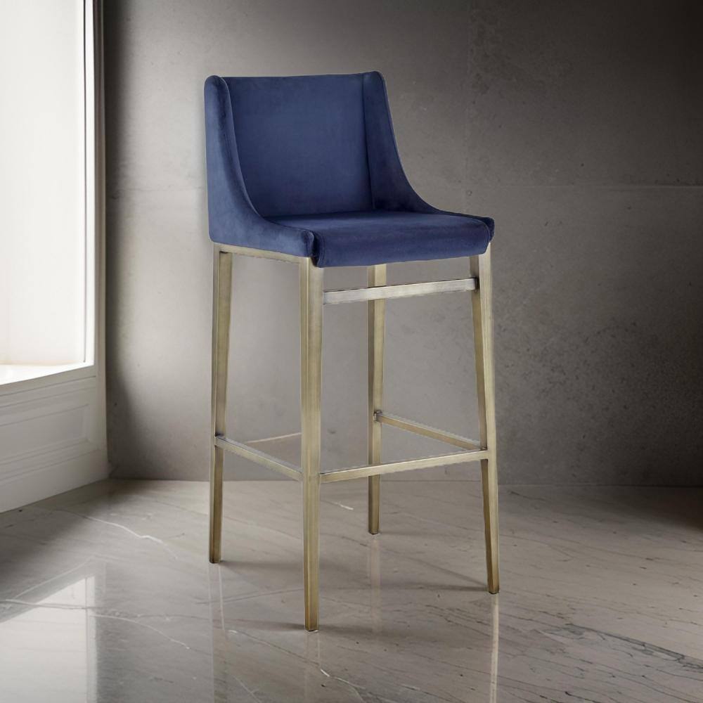 Benjara 26.5 in. Blue and Brass Low Back Wood Frame Bar Stool with ...