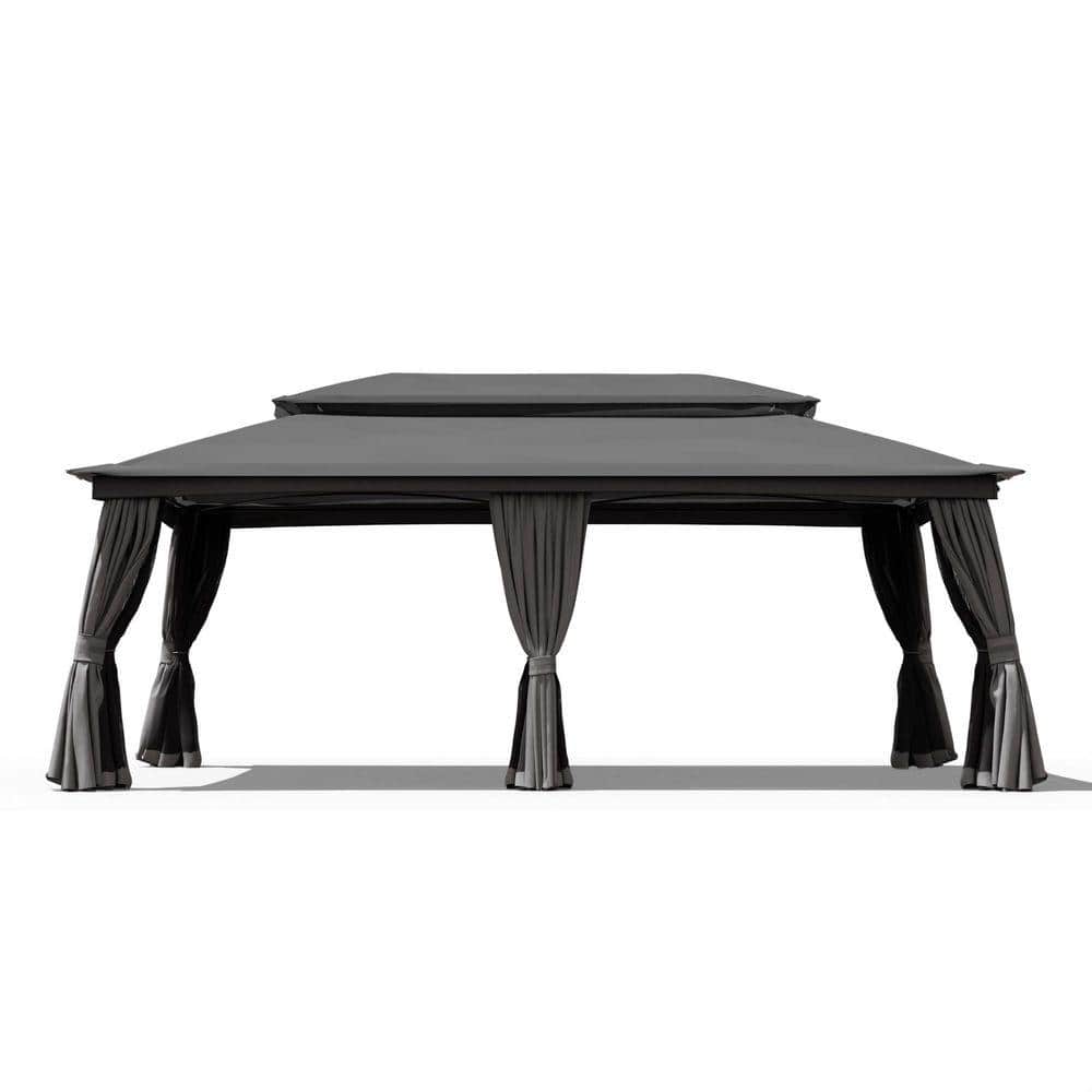 Sudzendf 20 ft. x 10 ft. Gray Outdoor Patio Double Vented Roof Gazebo ...