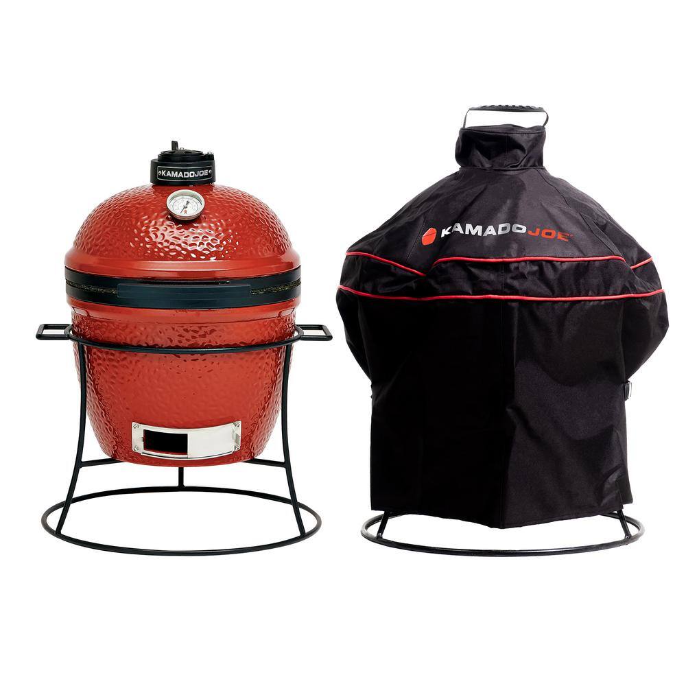 Kamado Joe 13.5 in. Joe Jr. Charcoal Grill in Blaze Red + Cover Bundle ...