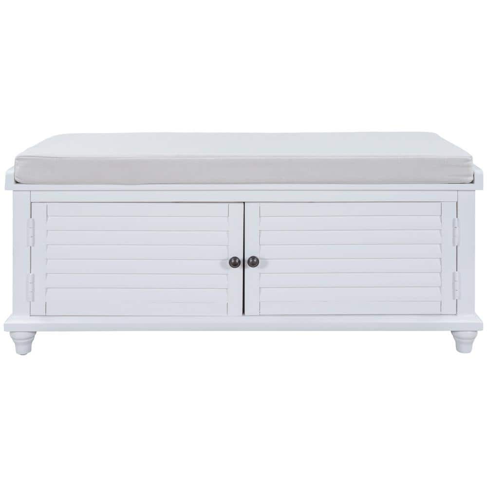 Qualler Louver Design White Storage Bench with Removable Cushion ...