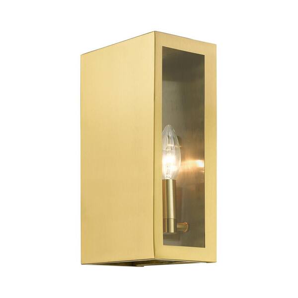 AVIANCE LIGHTING Chamberlain 11 in. 2-Light Satin Gold Outdoor Hardwired ADA Wall Lantern Sconce ...