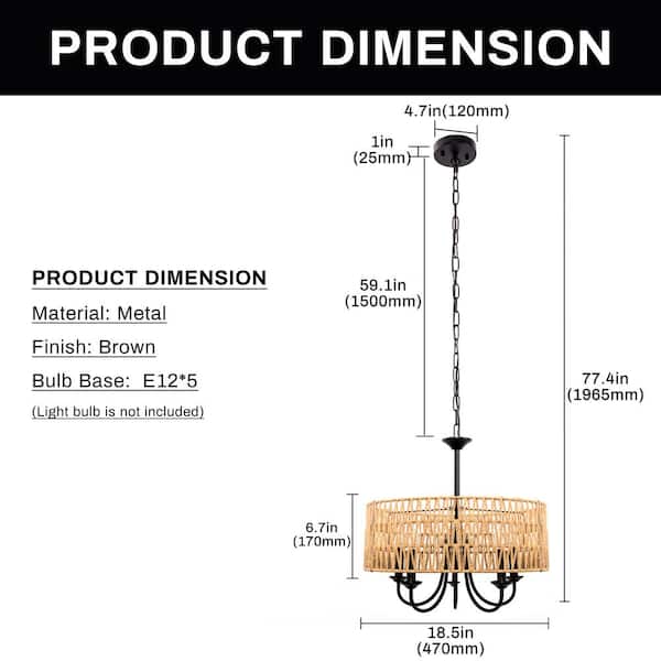 YANSUN 5-Light Modern Farmhouse Brown Round Rattan Pendant Rattan Drum ...