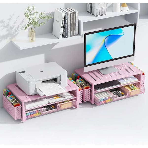 Pink 15.7 in. x 6 in. Metal Modern Desk Organizer Stand with Drawer and ...