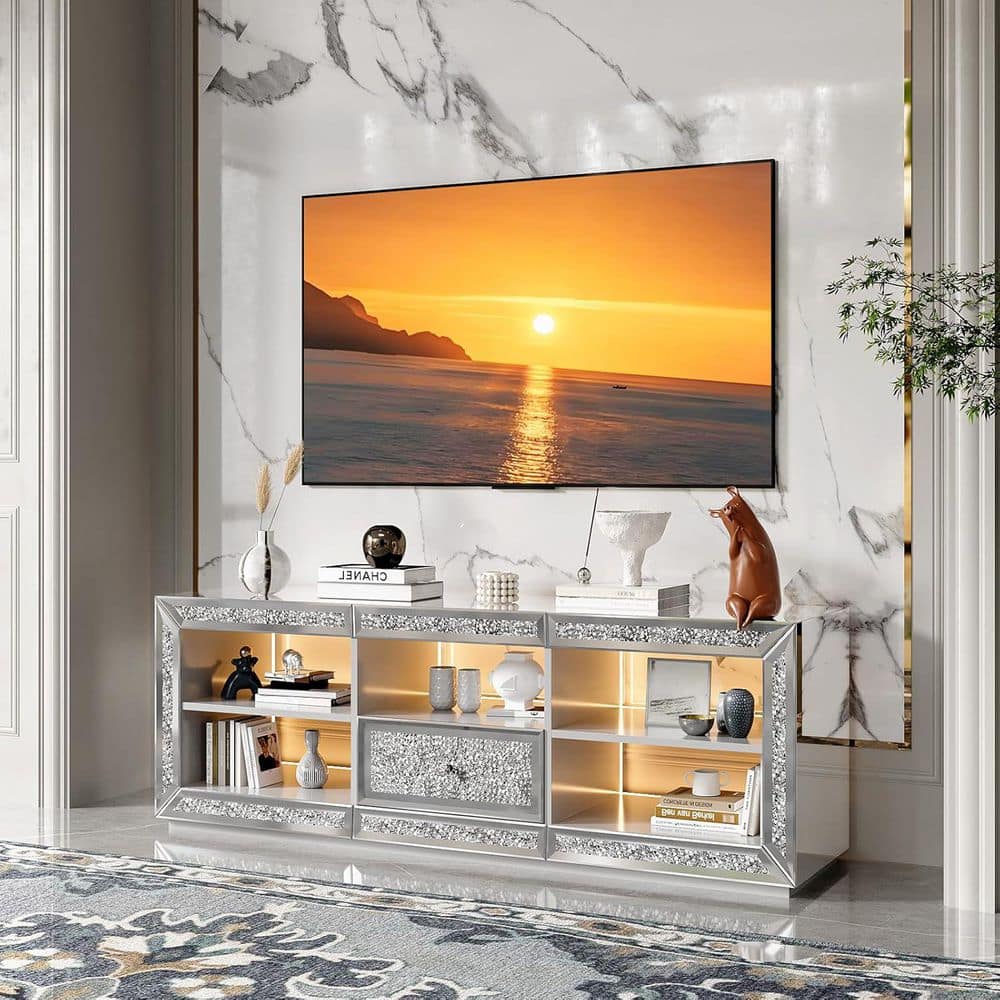 Karl home Silver TV Stand Fits TVs up to 32 to 70 in. with Mirror ...