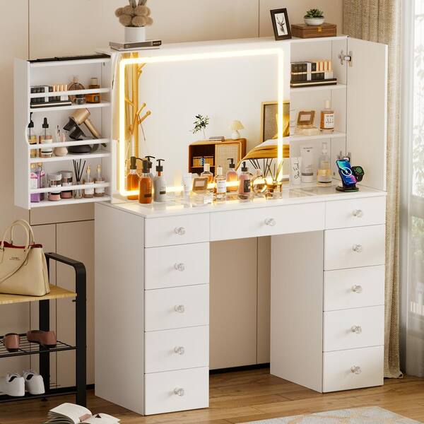 PAKASEPT White Vanity Desk With Power Outlet, Makeup Vanity Table With ...