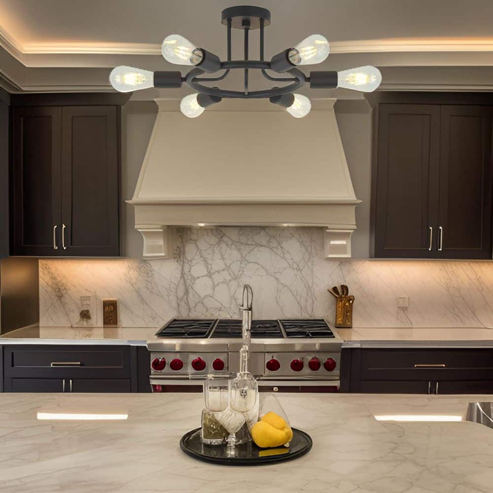 Sunpez 26 in. W 6-Light Black Sputnik Chandelier Semi-Flush Mount Ceiling Fixture for Entryway ...