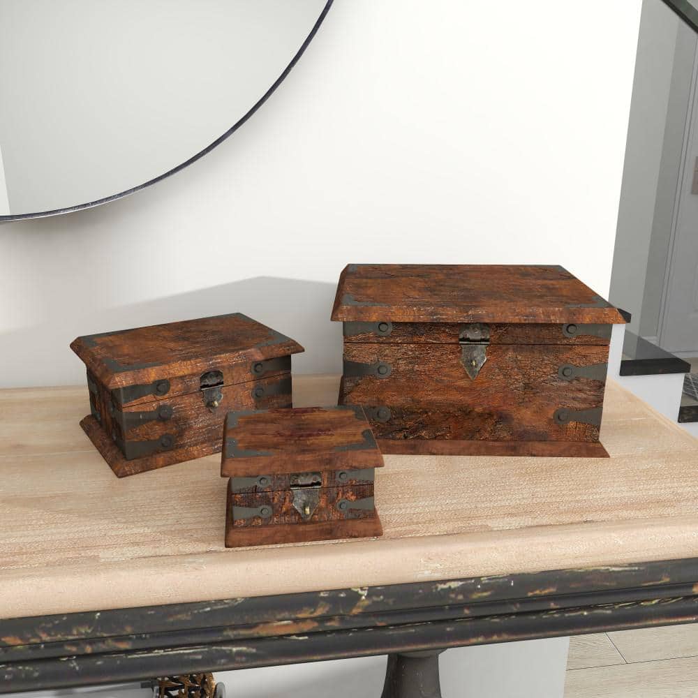 Set of 3 Hinged Lid Rectangle Reclaimed Wood Boxes Nepal | Ubuy