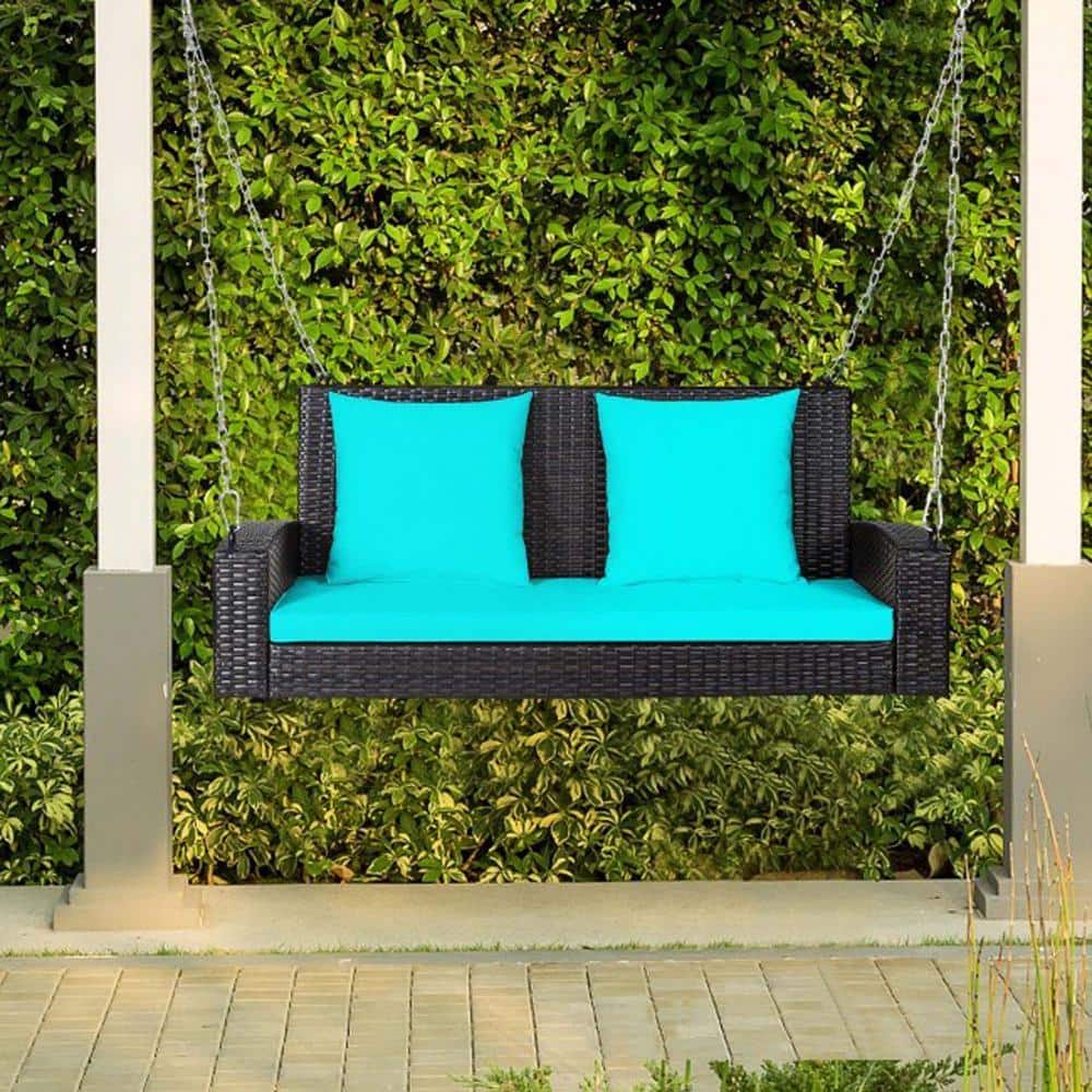 Zeus & Ruta 2-Person Blue Metal Patio Rattan Porch Swing with Cushions ...