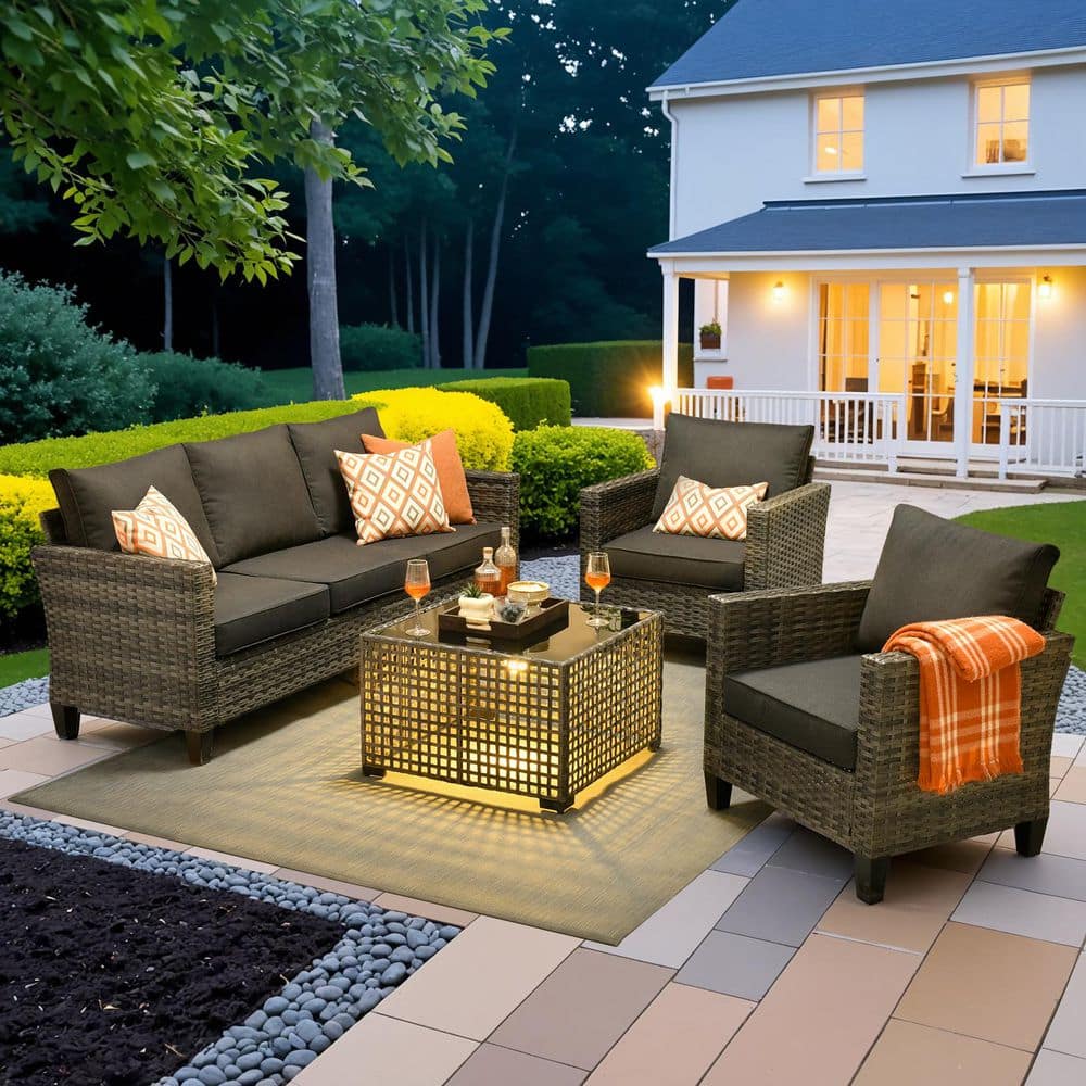 OVIOS Nvelyn Gray 4-Piece Wicker Patio Conversation Set with Black ...