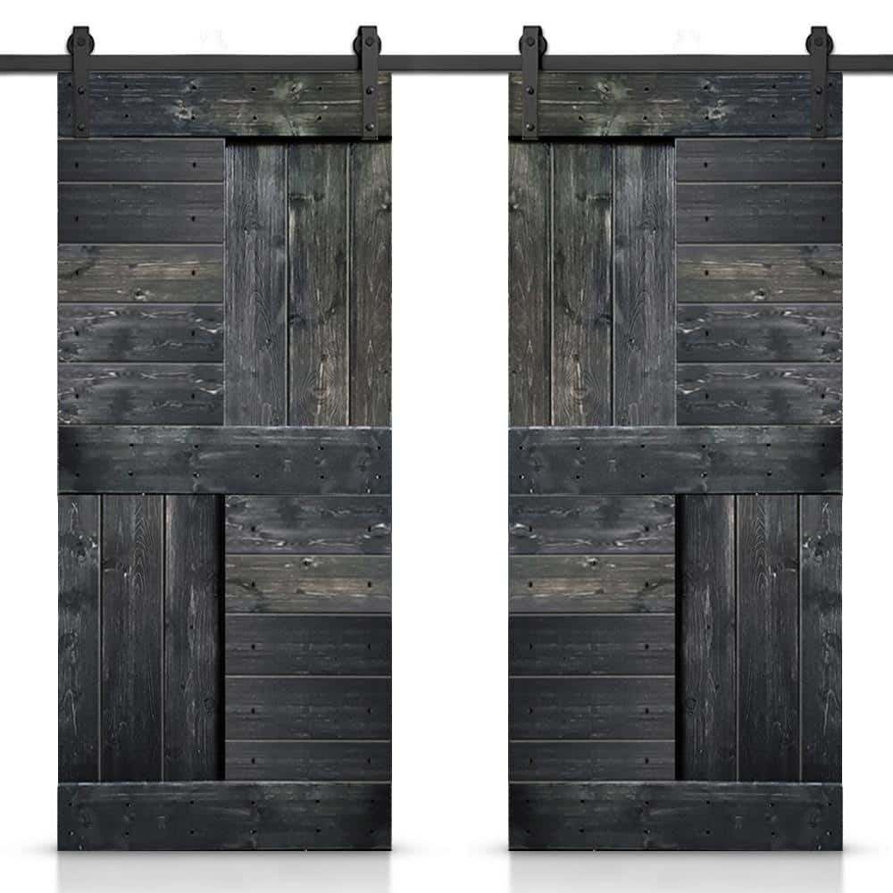 CALHOME 60 in. x 84 in. Metallic Gray Stained DIY Knotty Pine Wood Interior Double Sliding Barn ...