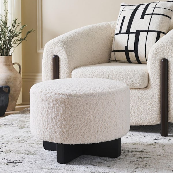 SAFAVIEH Riah Off White/Black Faux Shearling Round Accent Ottoman ...