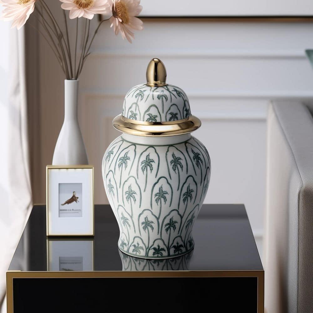 Liv & Skye 10 in. Green/Gold Ceramic Palm Trees Temple Jar 17900-03 ...
