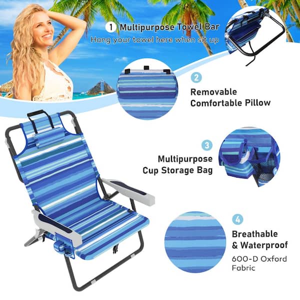 VEIKOUS Folding Portable Metal Beach Chair with Removable Pillow and 5 ...